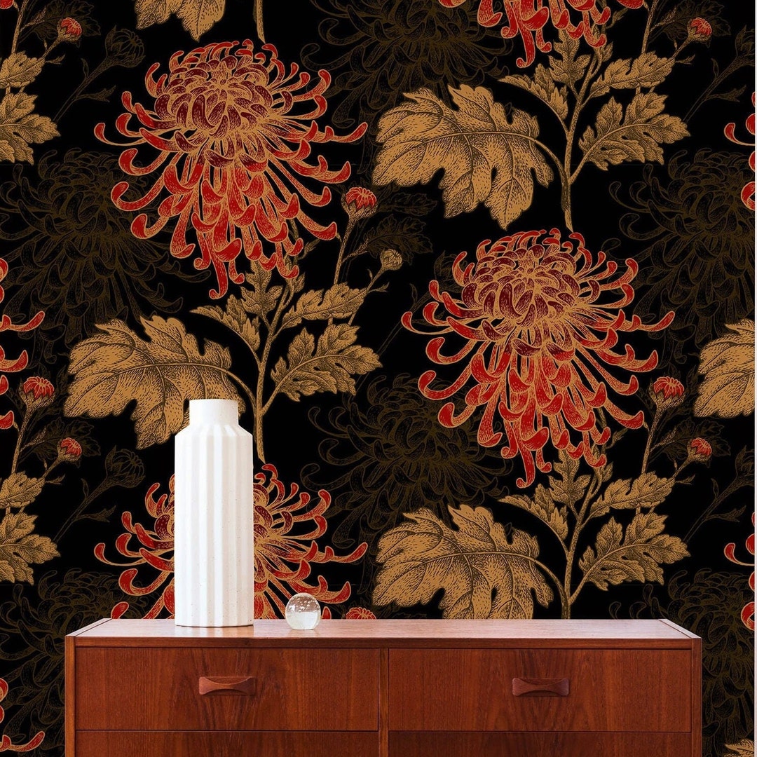 Black Floral Wallpaper, Luxury Black Botanical Wallpaper, Black Peel ...