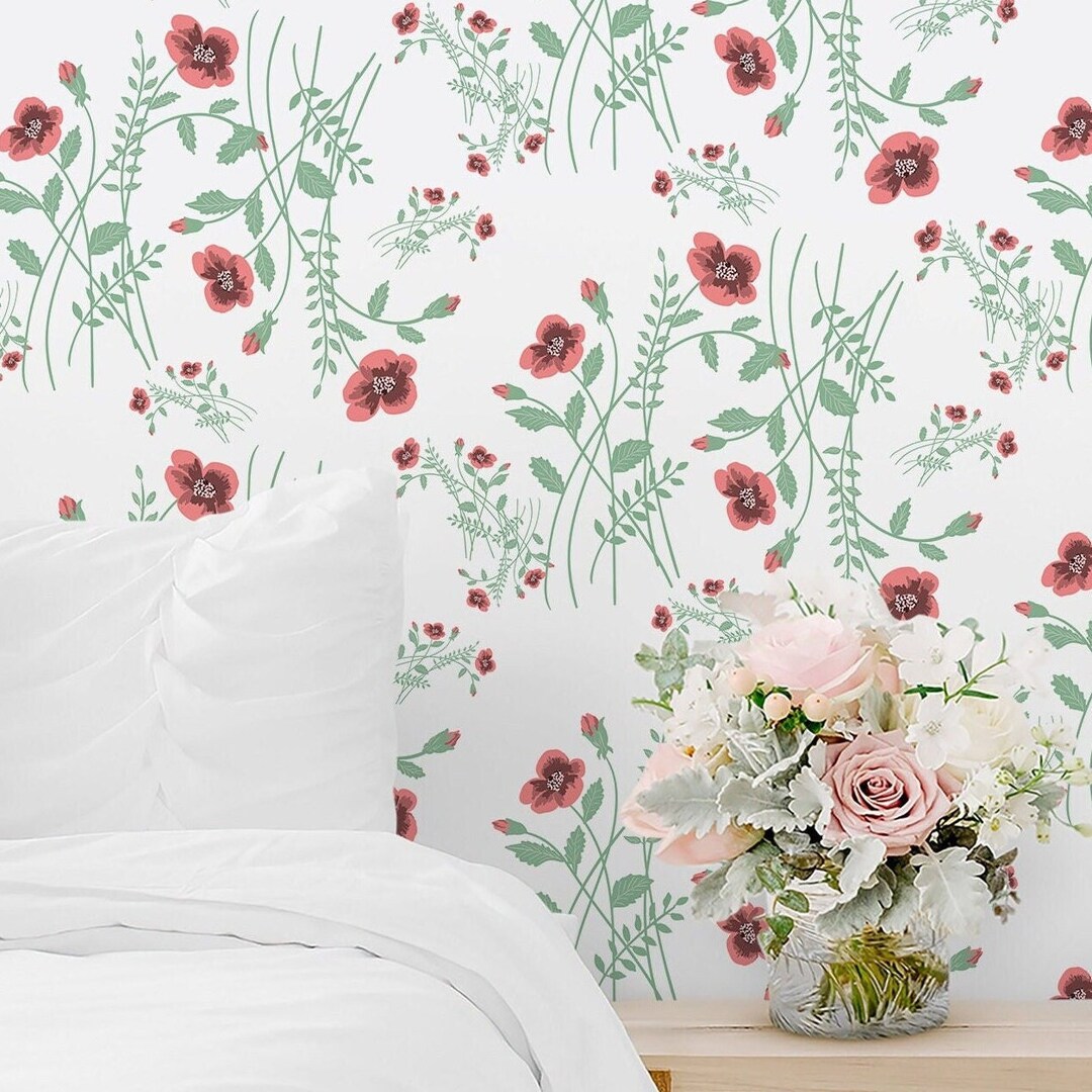 Wildflower Meadow Removable Wallpaper, Red Flower Peel and Stick ...