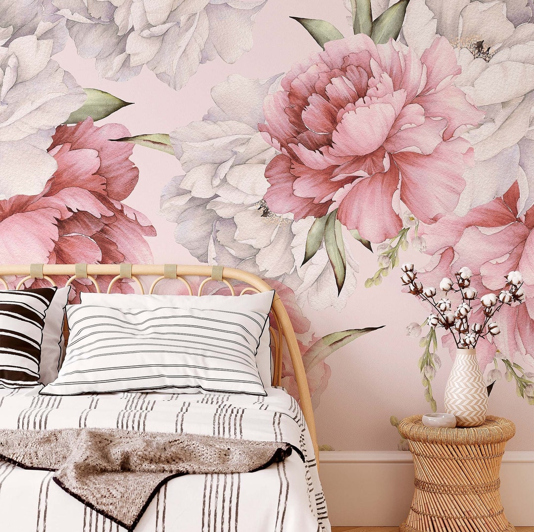 Pink Peony Maximalist Peel and Stick Wallpaper, Floral Removable Wall ...