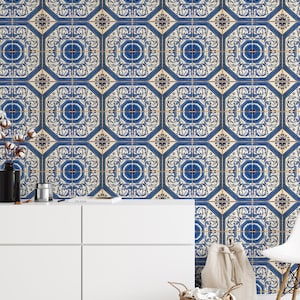 Blue and White Tile Wallpaper Mural, Mediterranean Peel and Stick ...