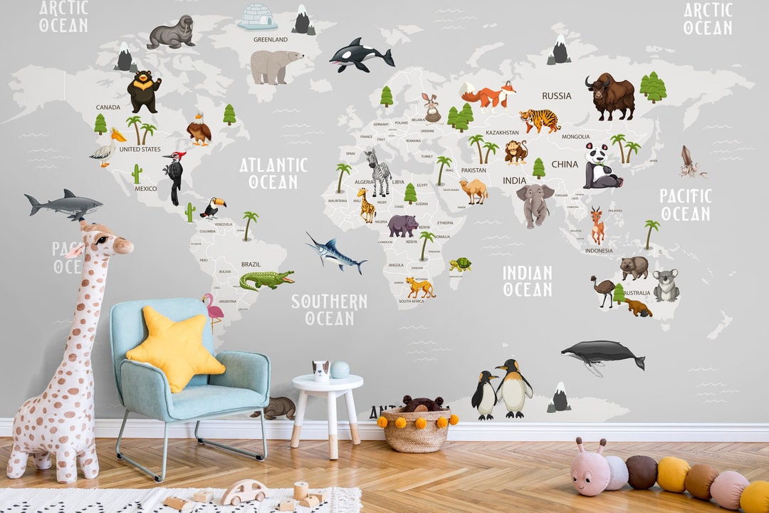 World Map Kids Wall Mural, Nursery Removable Wallpaper Peel and Stick ...
