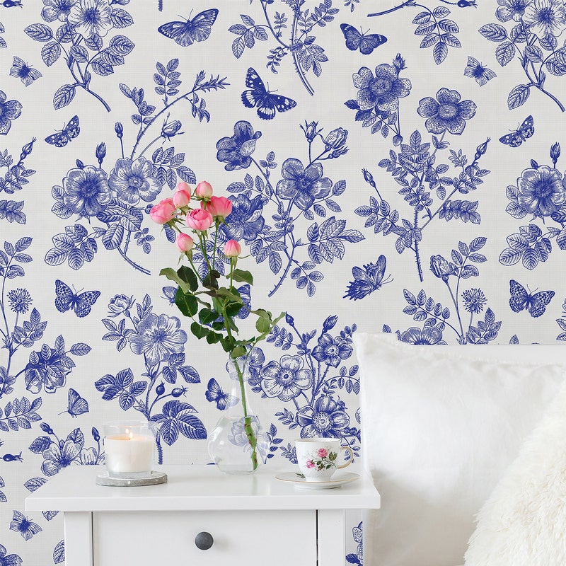 Blue Toile Wallpaper - Etsy