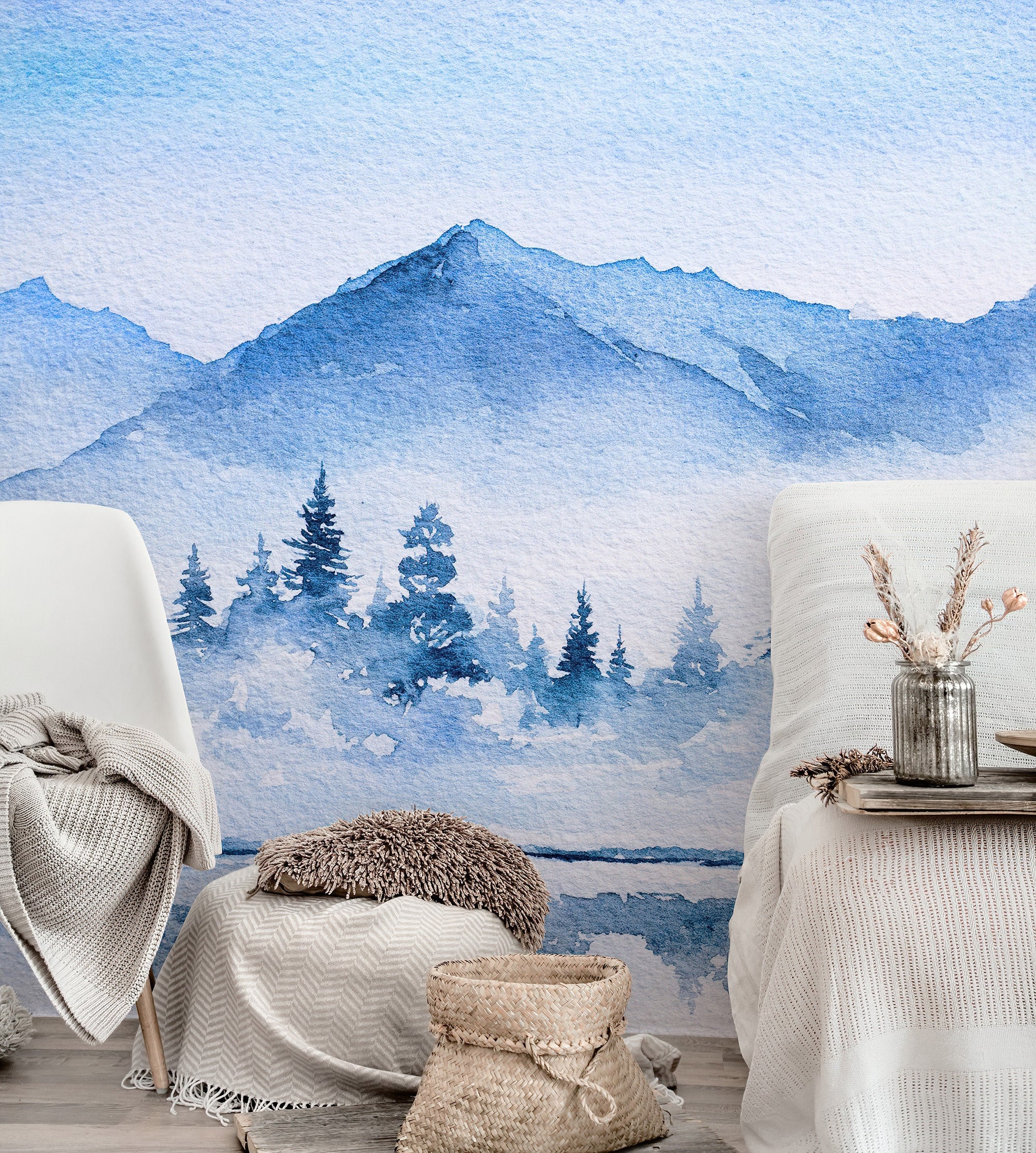 Winter Mountain Wallpaper Mural Blue Ombre Watercolor - Etsy