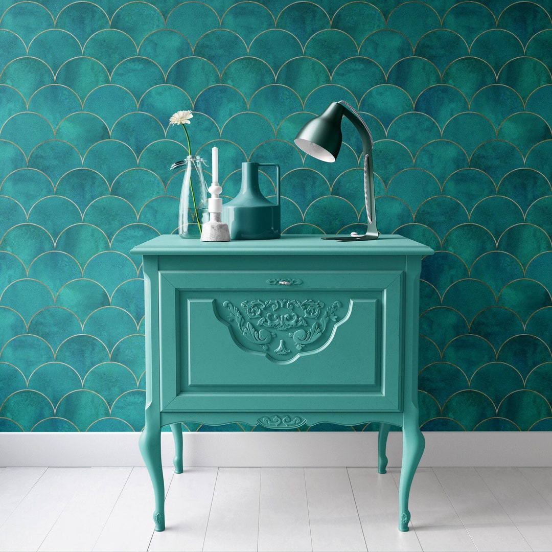 Modern Mermaid Scalloped Wallpaper Mural, Aqua Peel and Stick Wallpaper ...