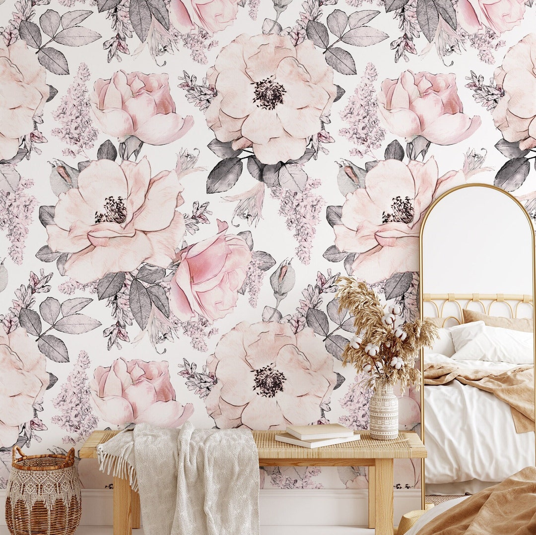 Pink Rose Floral Wallpaper, Boho Peel and Stick Wallpaper, Peony ...