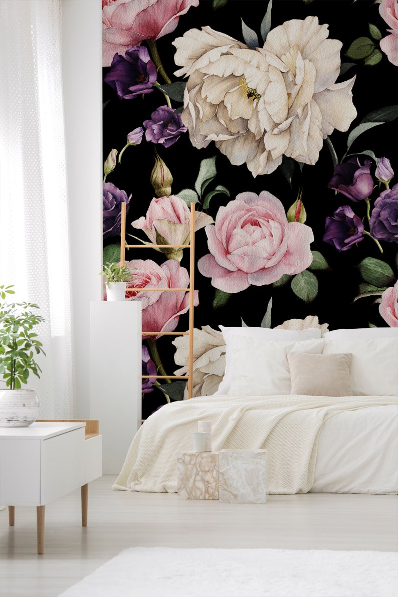 Large Peony Flowers Wall Cover Black Background With Flowers | Etsy