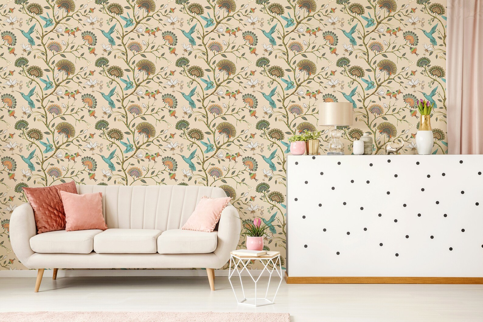 Hummingbird and Paisley Floral Wallpaper, Chinoiserie Botanical Wall ...