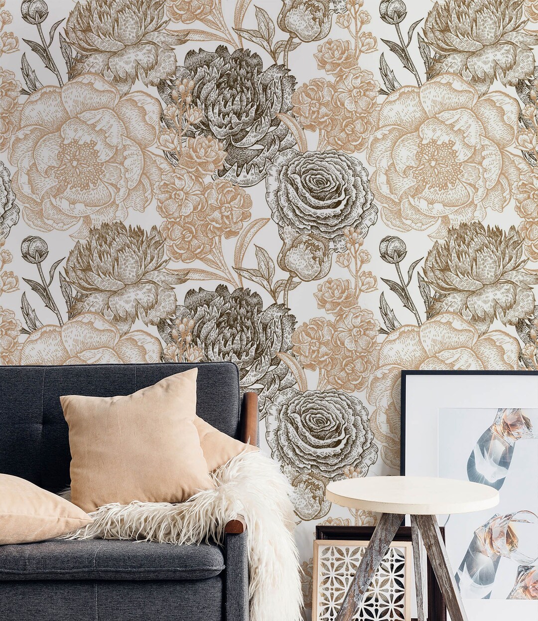 Vintage Brown Floral Wallpaper, Botanical Wallpaper With Peonies, Cream ...