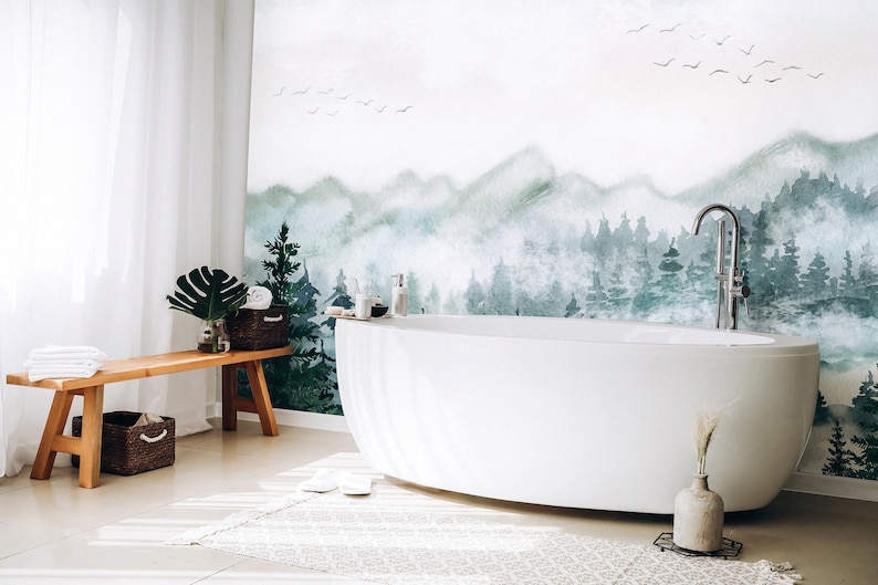 Mountain Landscape Wallpaper | Pine Trees Wallpaper | Misty Forest Wall ...