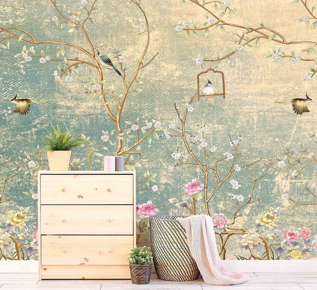 Floral Bird Chinoiserie Wallpaper, Rustic Floral Wallpaper, Botanical ...