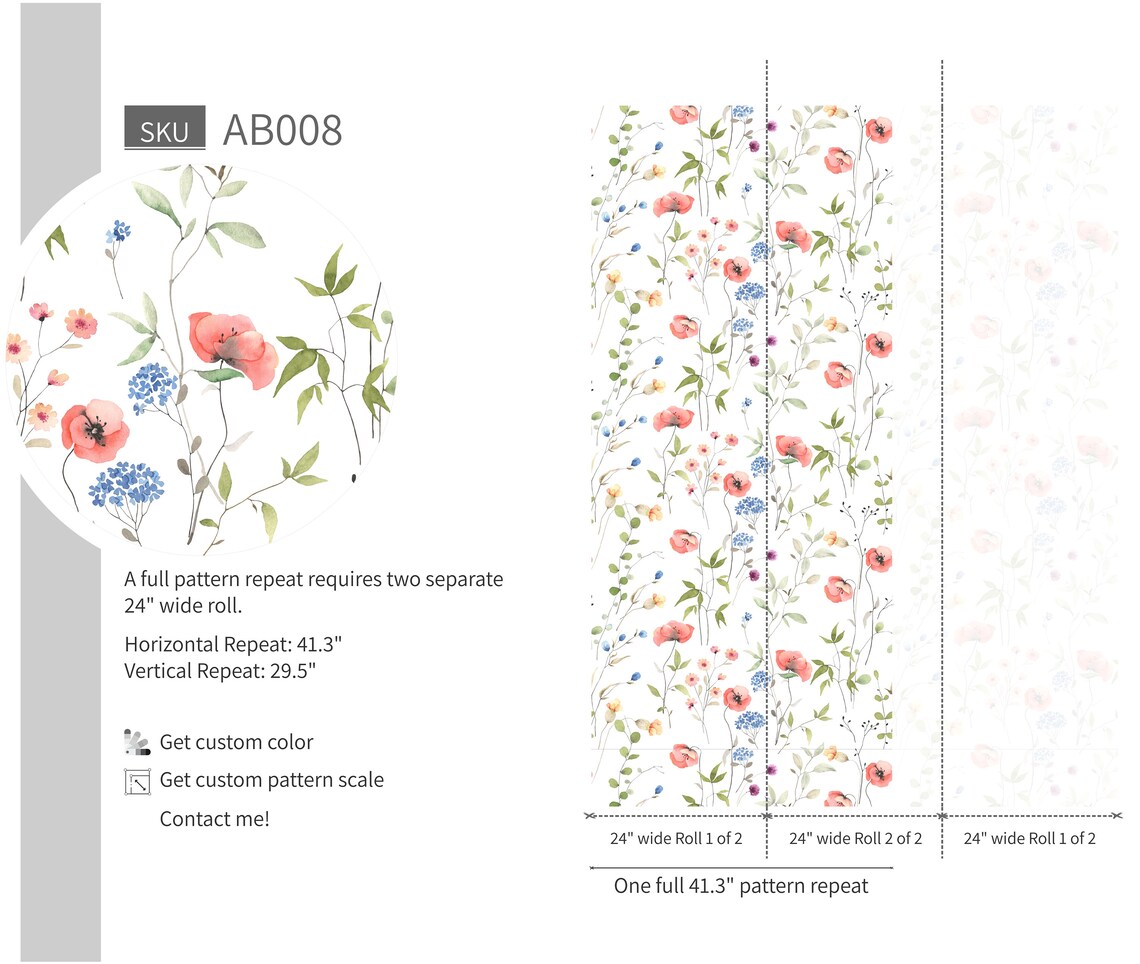 Meadow Floral Wallpaper, Poppy Peel and Stick Wallpaper, Blush Poppy ...