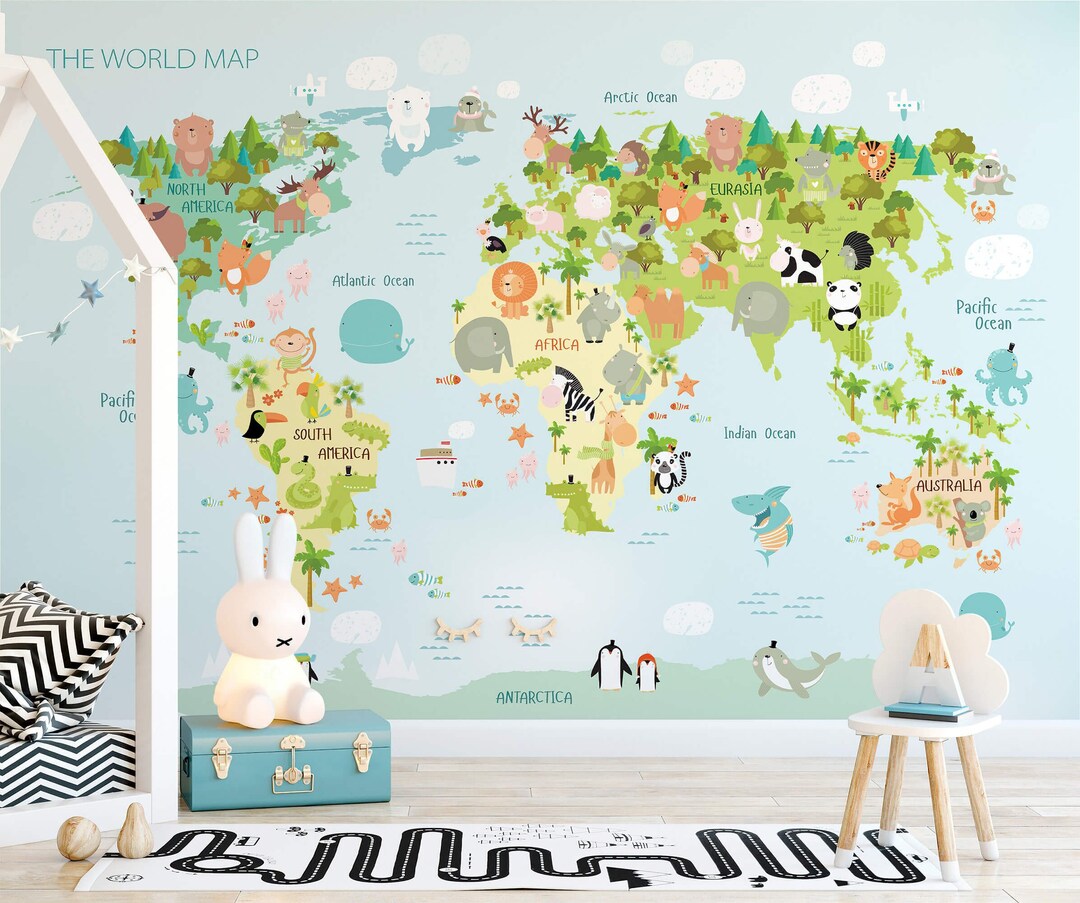 Kids World Map Wallpaper, Cute Animals Wallpaper, Peel and Stick Ocean ...