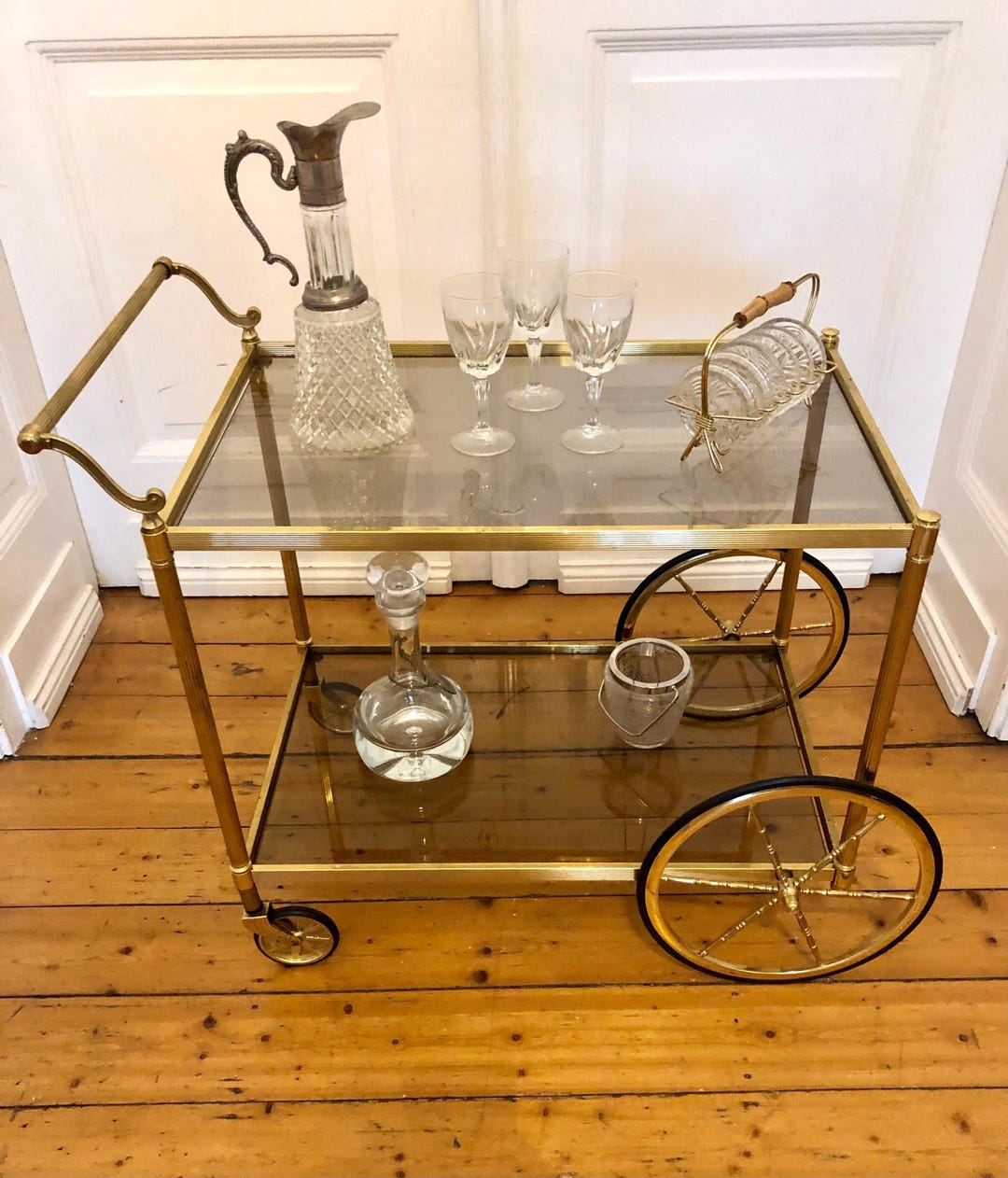 Neoclassical Rustic Tea Trolley Serving Cart / Solid Brass Decorated in ...