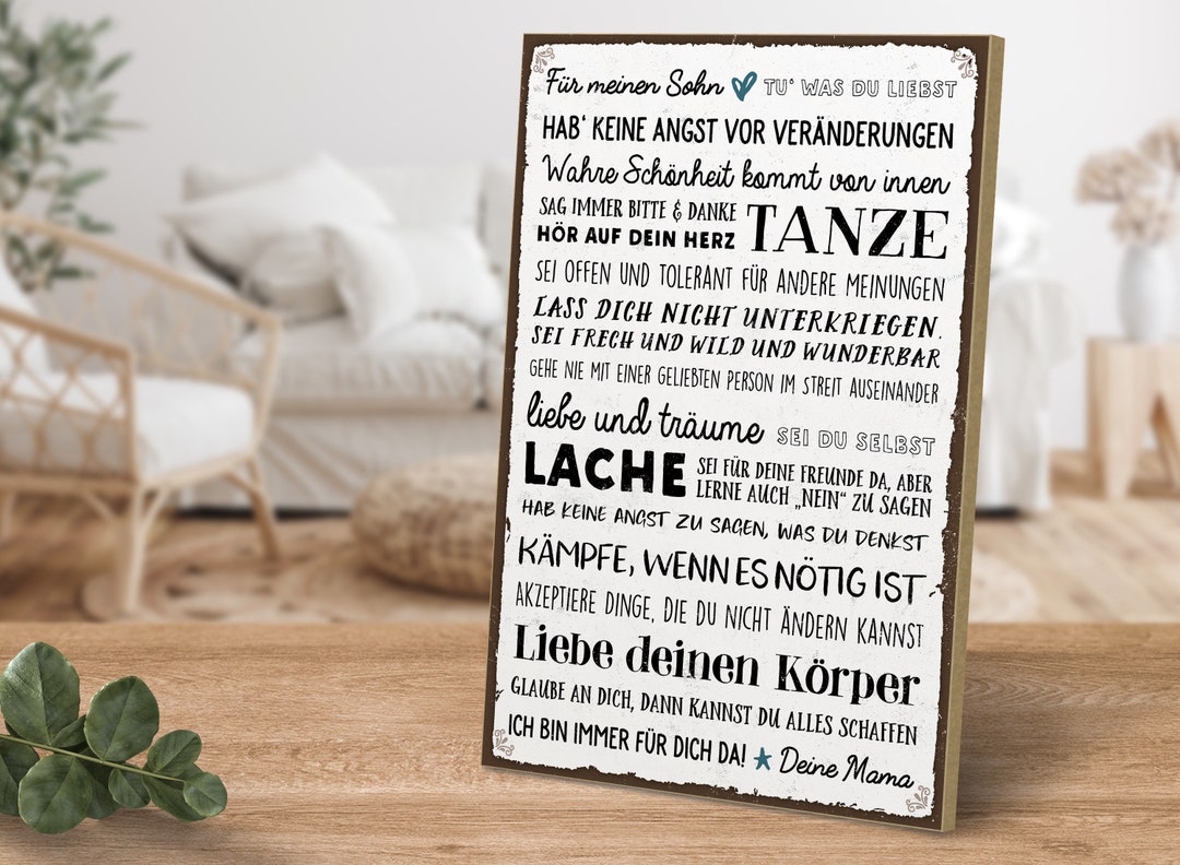 Holzschild mit Spruch - Für meinen Sohn - Tu was du liebst - Deine Mama ...