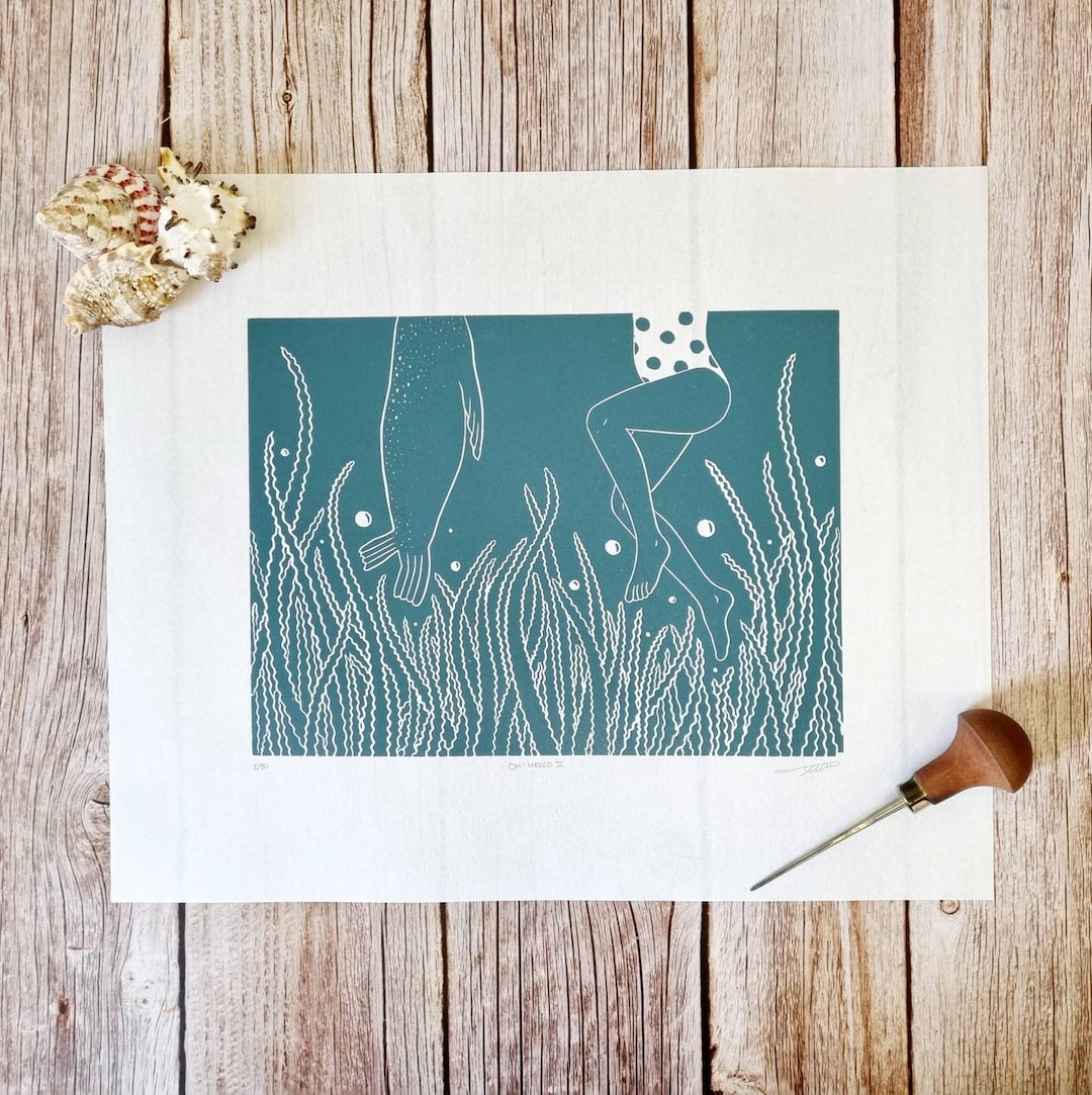 Handmade Linocut Print: Woman and Seal - Etsy