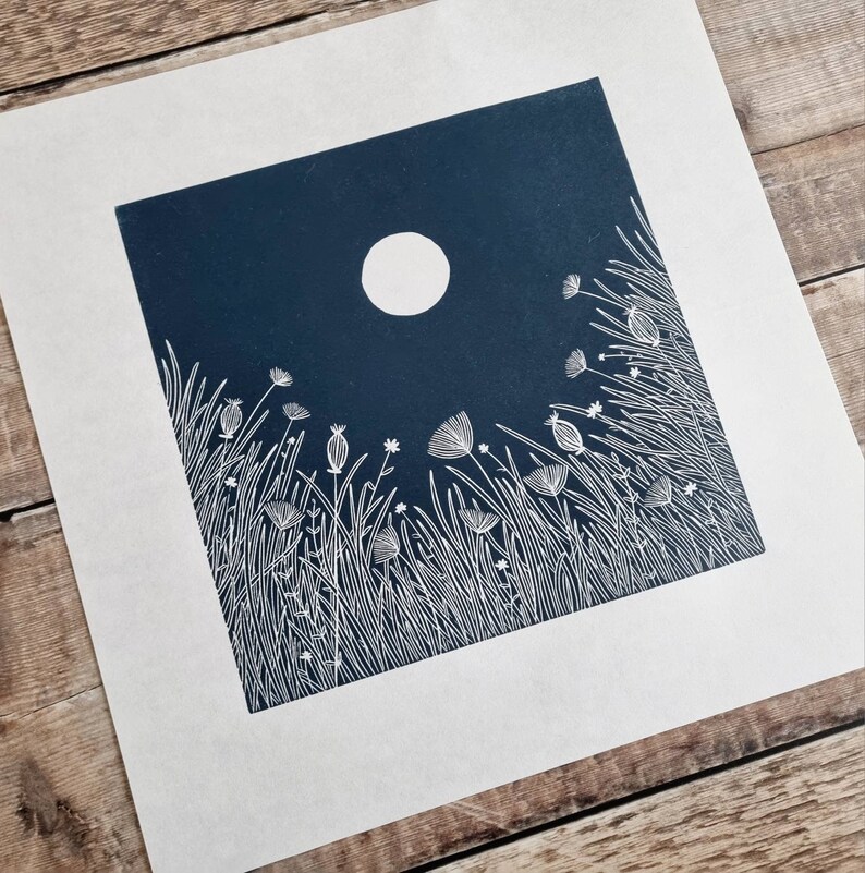 Quiet Night Original Linocut Print of Wildflowers Beneath a - Etsy