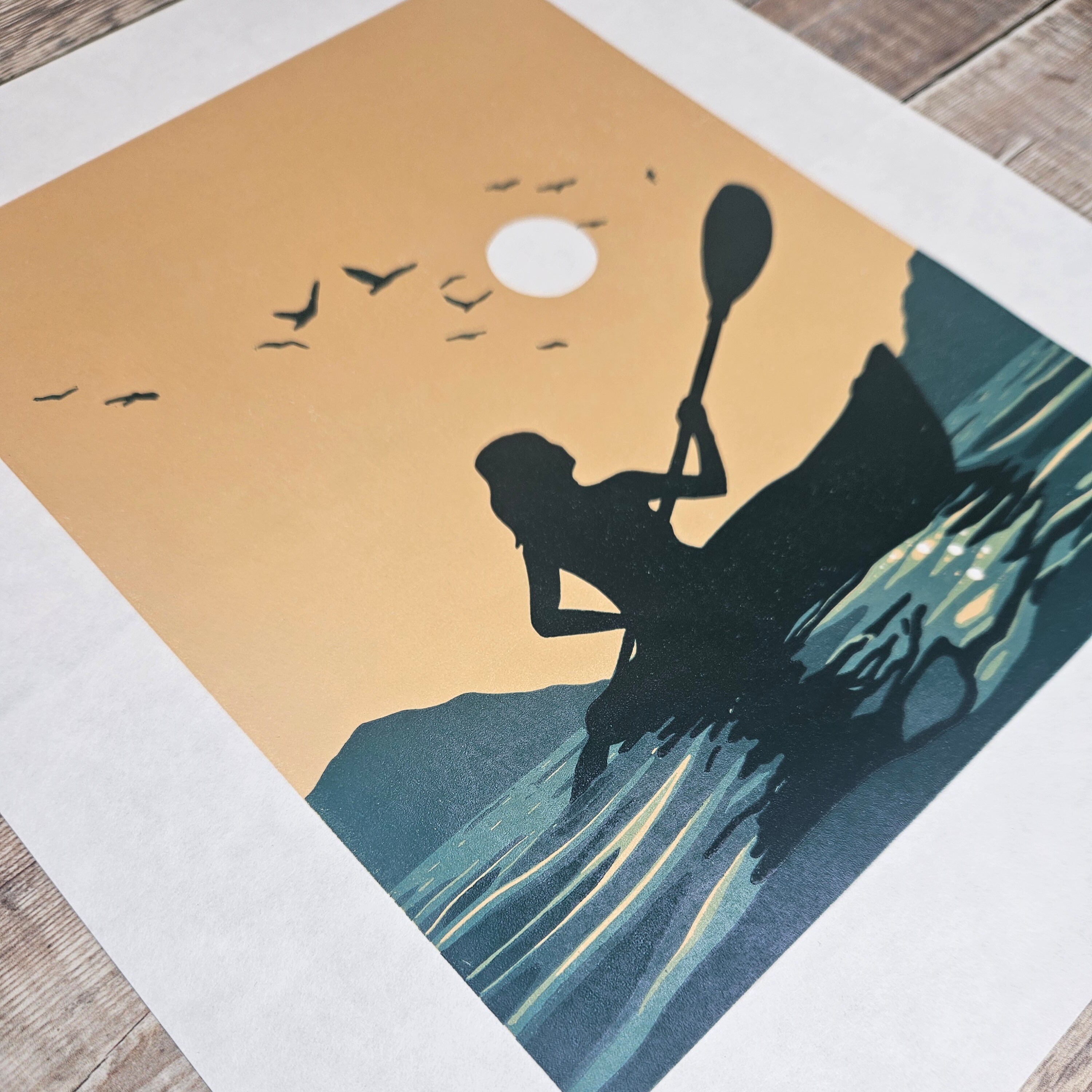The Kayaker- Original Limited Edition Linocut Print of a Woman Kayaking ...
