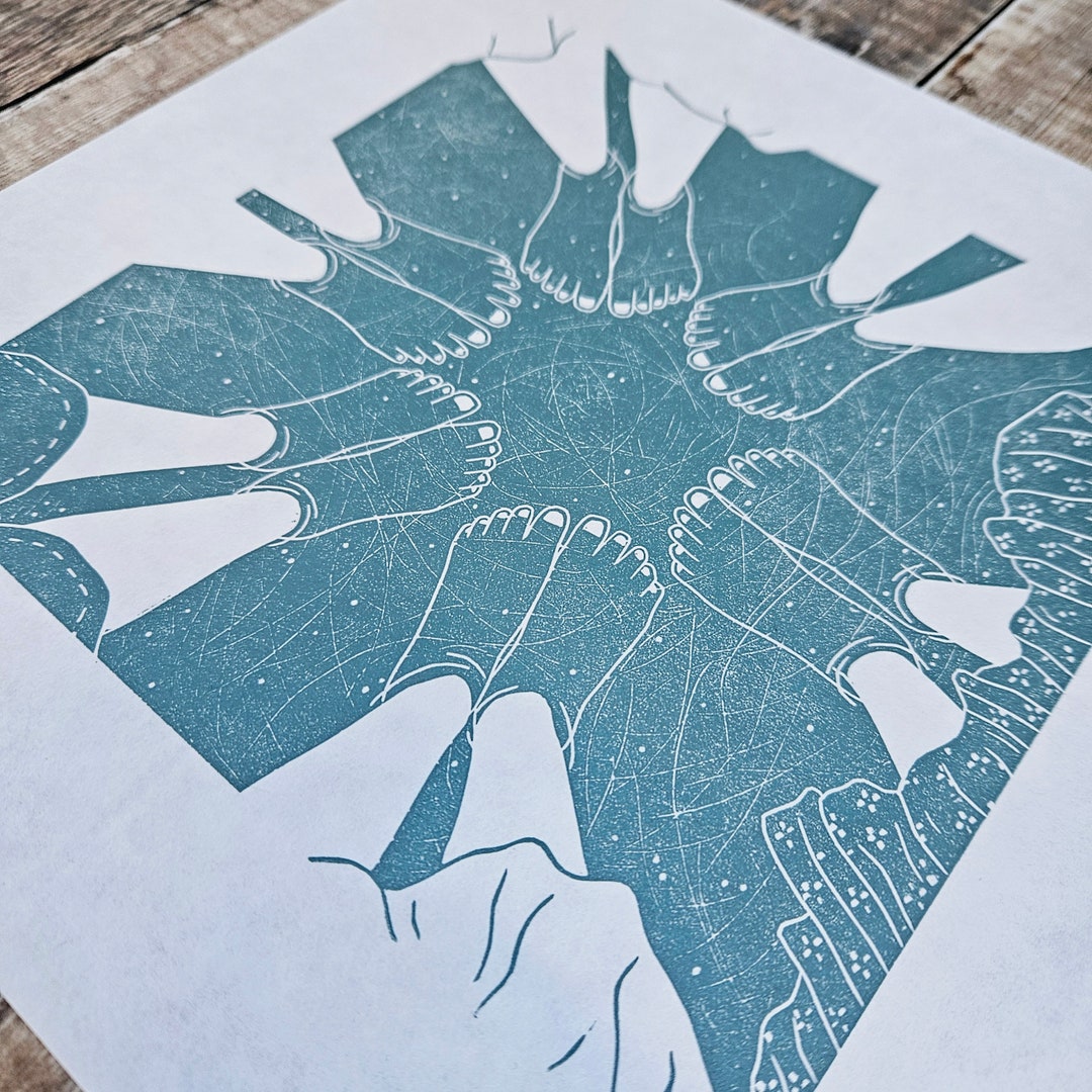 Huddle- Original Limited Edition (6) Linocut Print of Six Friends ...