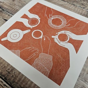 Tea Time Linocut Print: Hands With Coffee and Teacups, Archival Giclée ...