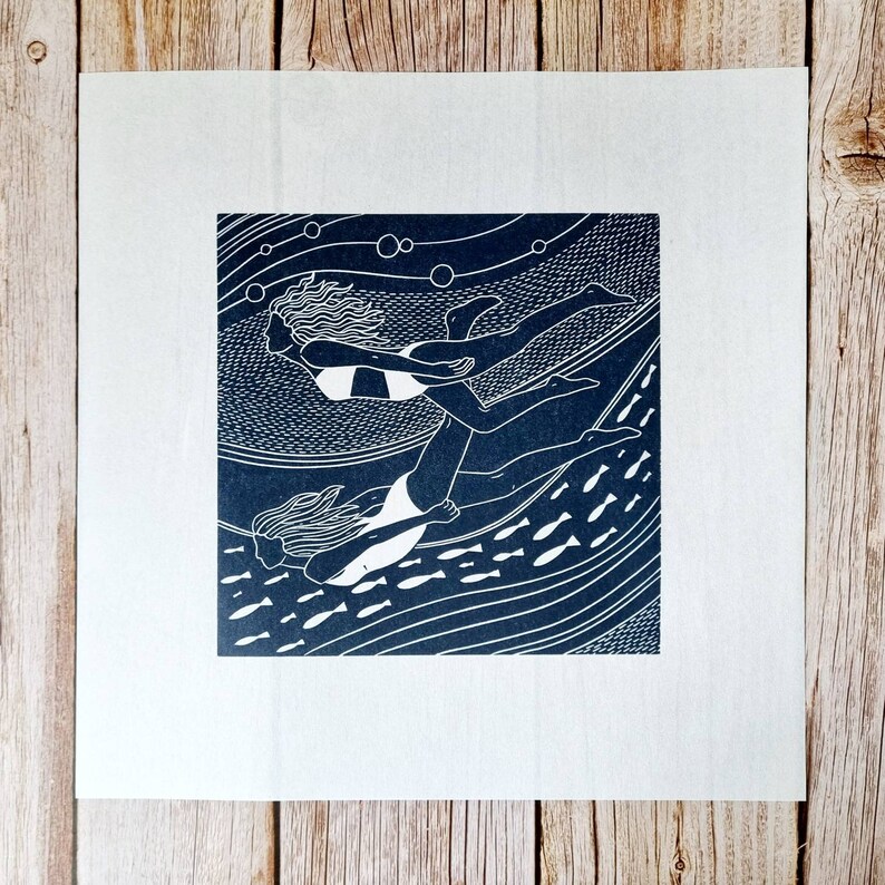 Flowing Friends Original Linocut Print of Two Women Swimming - Etsy