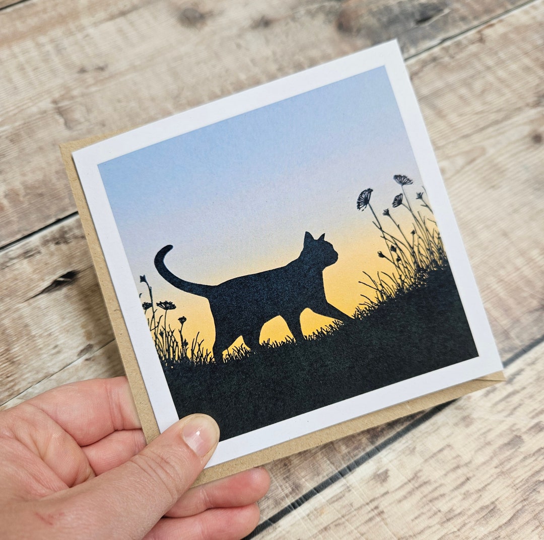 Prowl- Single Square Greetings Card of a Cat on the Prowl and Sunrise ...