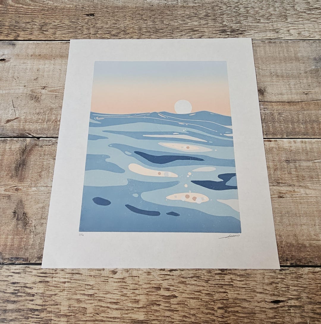 Lifted by Waves- Original Limited Edition Linocut Print of the Sea and ...
