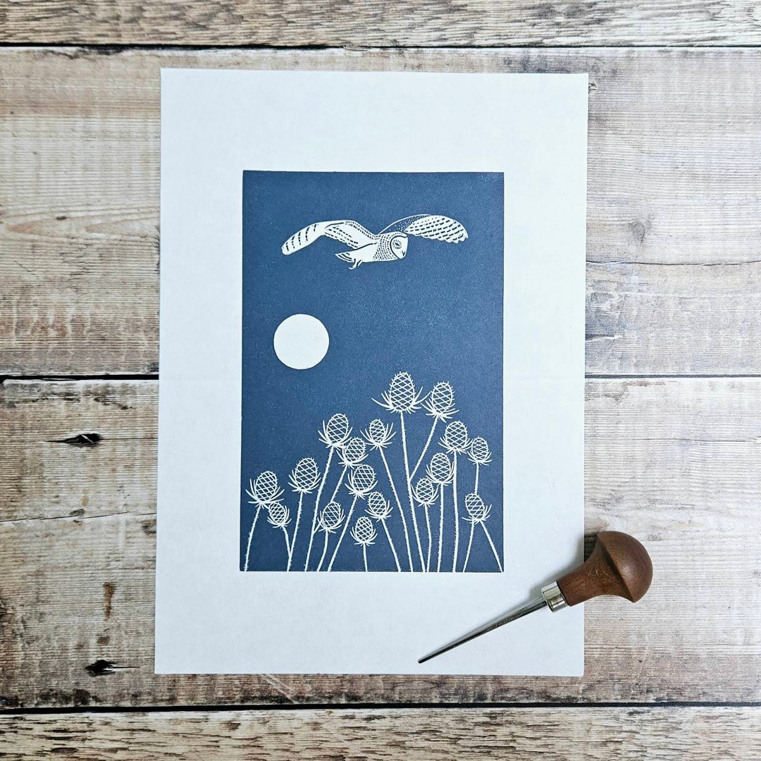 Owl and Teasels Original Linocut Print Inspired by an Owl Who Fly by on ...