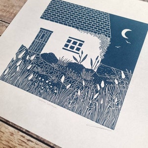 Coastal Cottage Original Linocut Print of a White Cottage and Garden ...