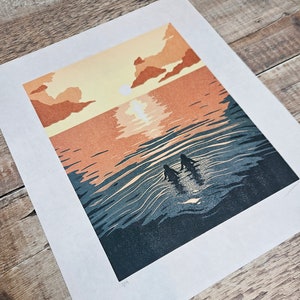 Into the Sun- Original Limited Edition Linocut Print of Two People ...