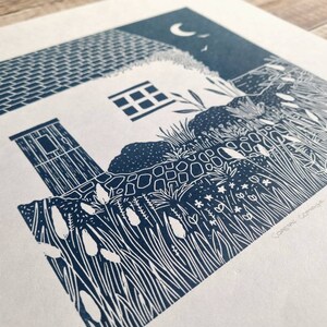 Coastal Cottage Original Linocut Print of a White Cottage and Garden ...