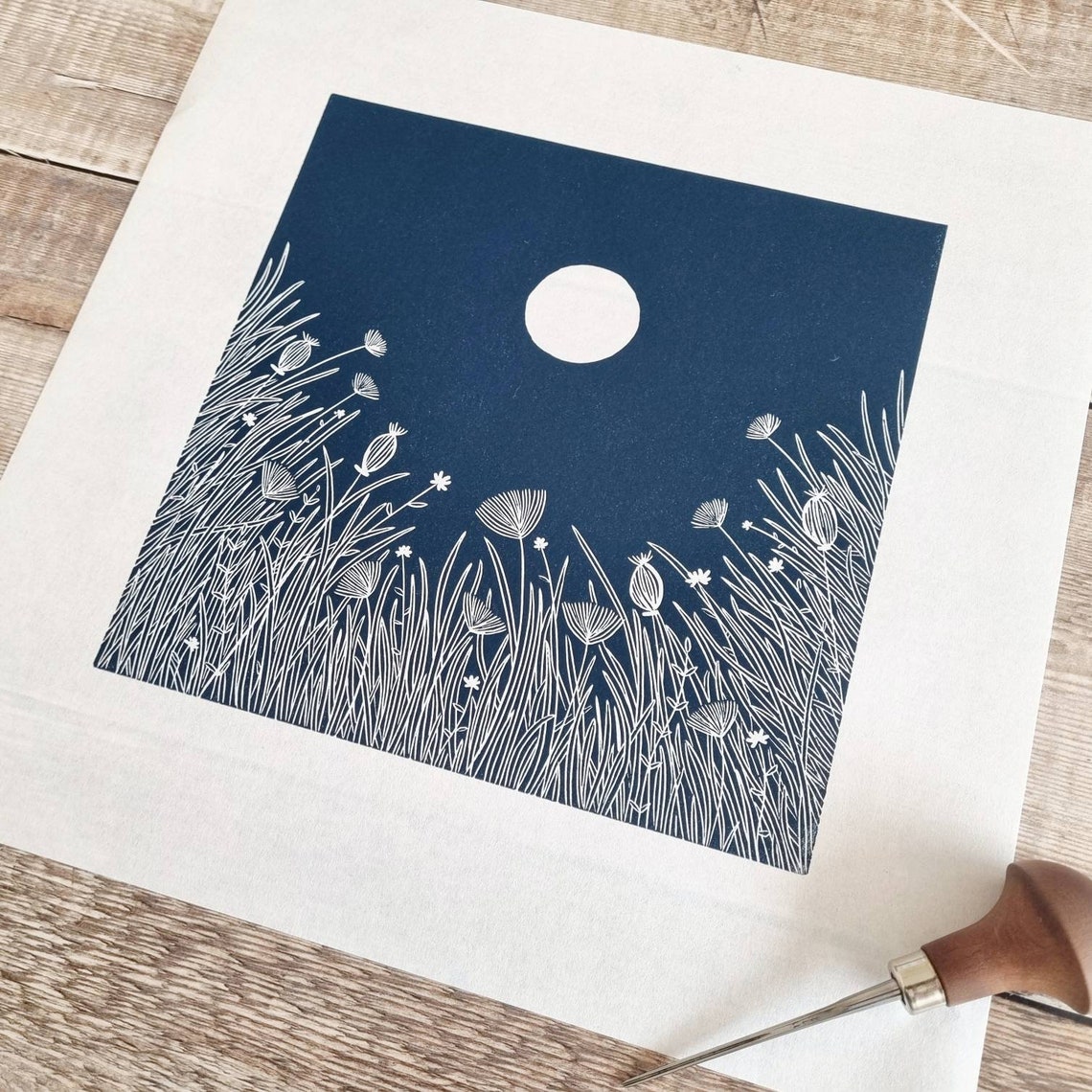 Quiet Night Original Linocut Print of Wildflowers Beneath a - Etsy