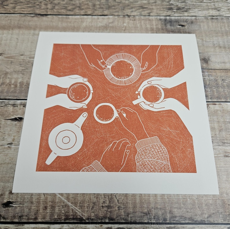 Tea Time Linocut Print: Hands With Coffee and Teacups, Archival Giclée ...