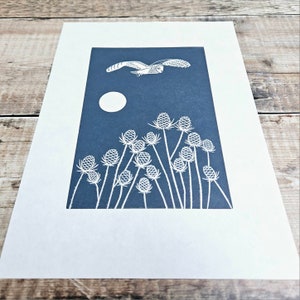 Owl and Teasels Original Linocut Print Inspired by an Owl Who Fly by on ...