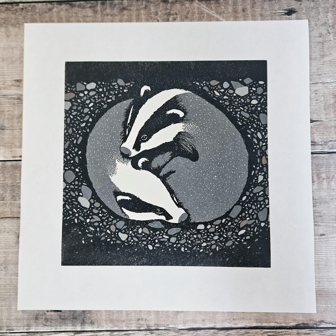 Badger Embrace- Original Limited Edition Reduction Linocut Print of Two ...