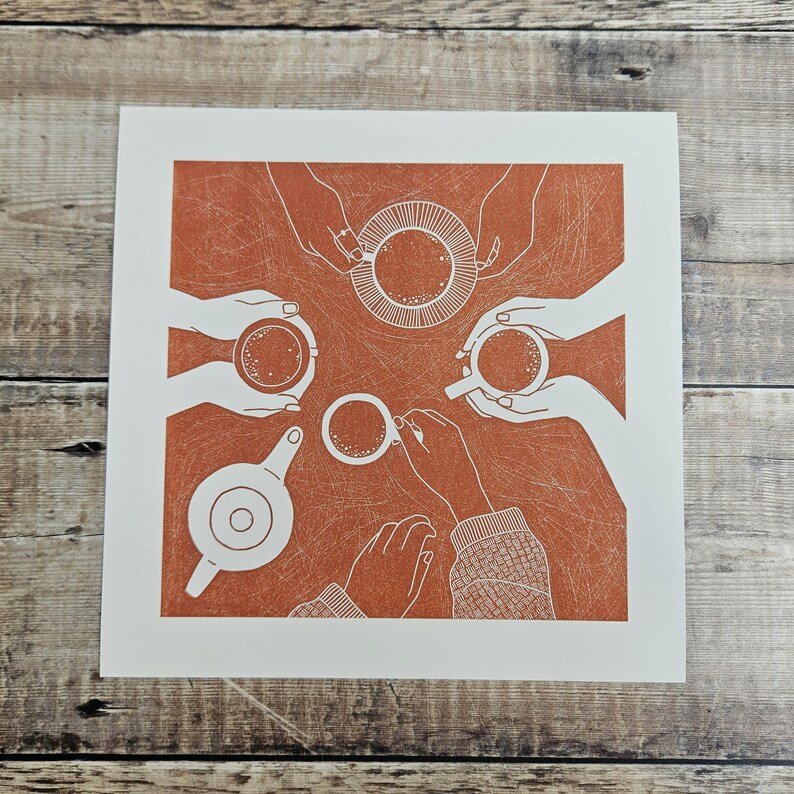 Tea Time Linocut Print: Hands With Coffee and Teacups, Archival Giclée ...