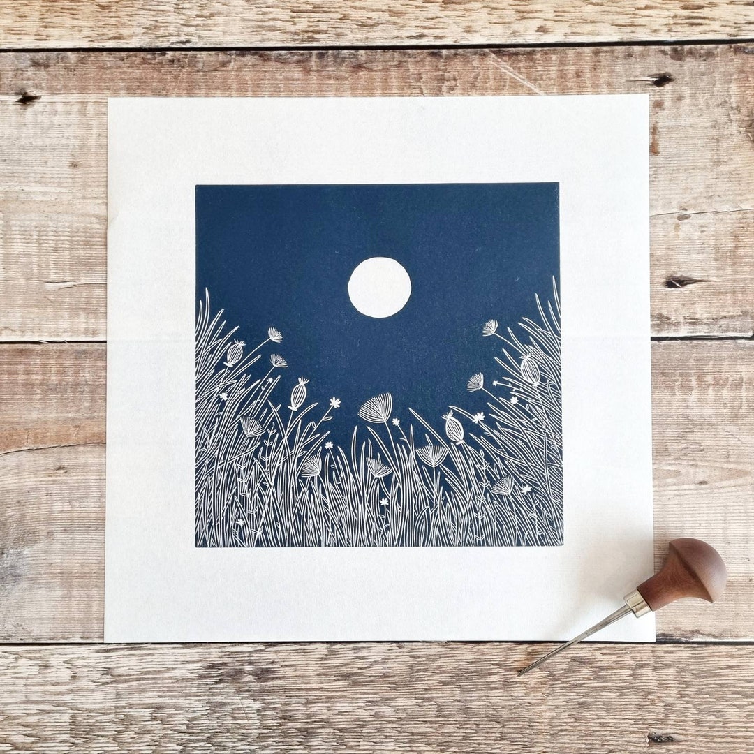 Quiet Night Original Linocut Print of Wildflowers Beneath a - Etsy