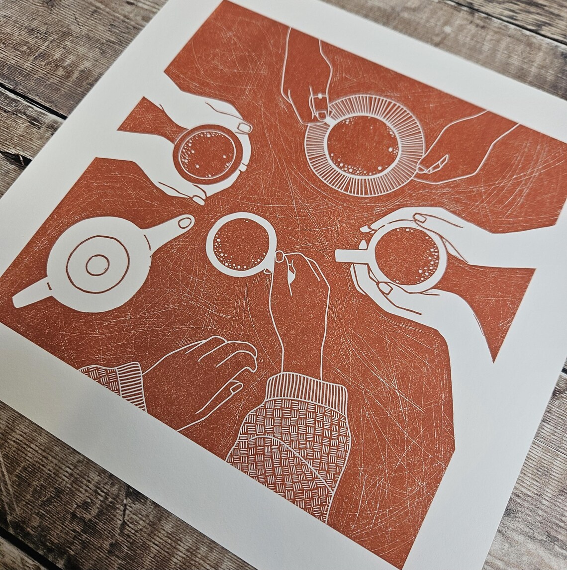 Tea Time Linocut Print: Hands With Coffee and Teacups, Archival Giclée ...