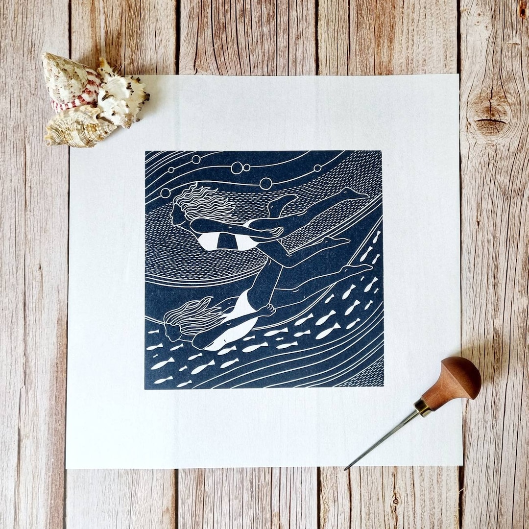 Flowing Friends - Original Linocut Print of Two Women Swimming ...