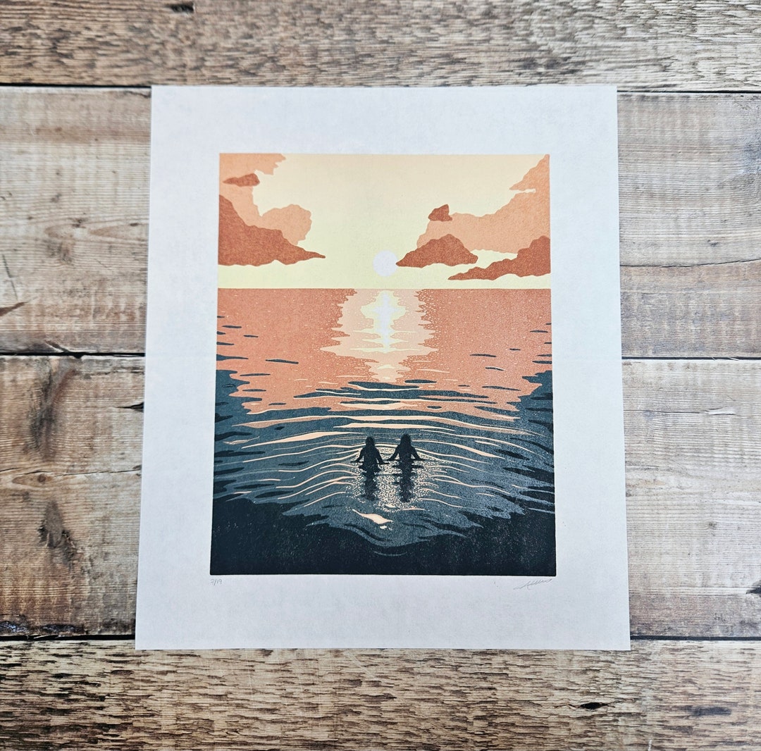 Into the Sun- Original Limited Edition Linocut Print of Two People ...