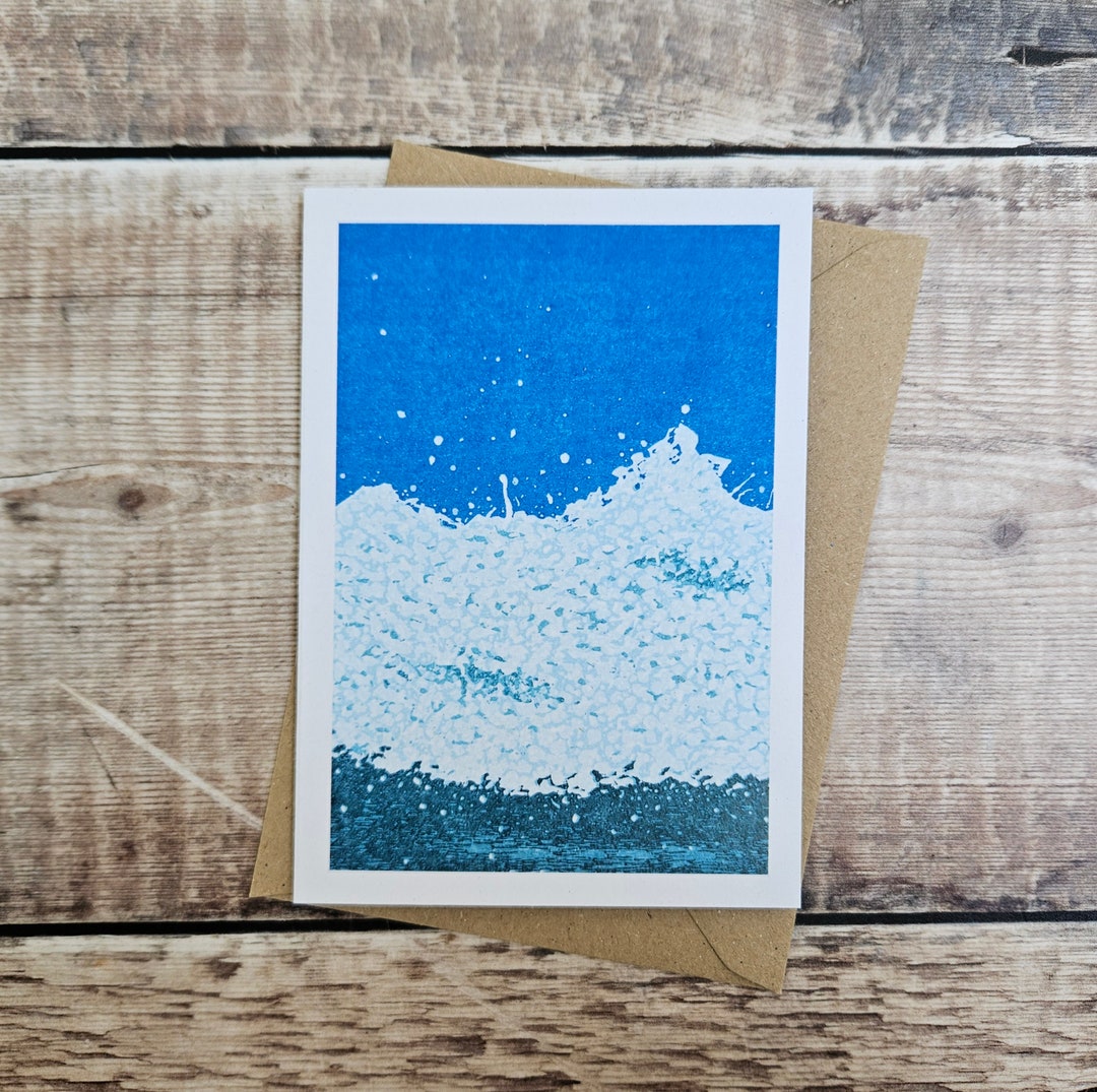 Broken Wave Greetings Card: Linocut Artwork, Seascape, Recycled Paper ...