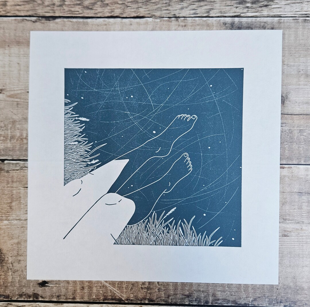 Toes in the Water- Original Linocut Print of Two Feet Resting in Water ...