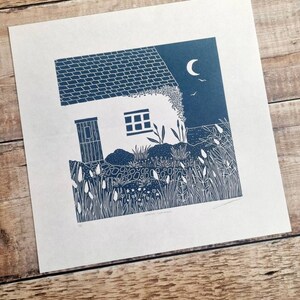 Coastal Cottage Original Linocut Print of a White Cottage and Garden ...