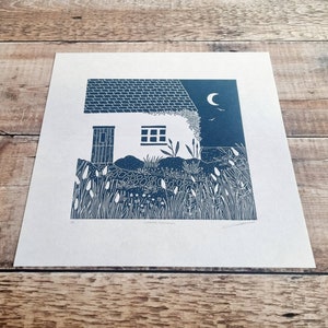 Coastal Cottage Original Linocut Print of a White Cottage and Garden ...
