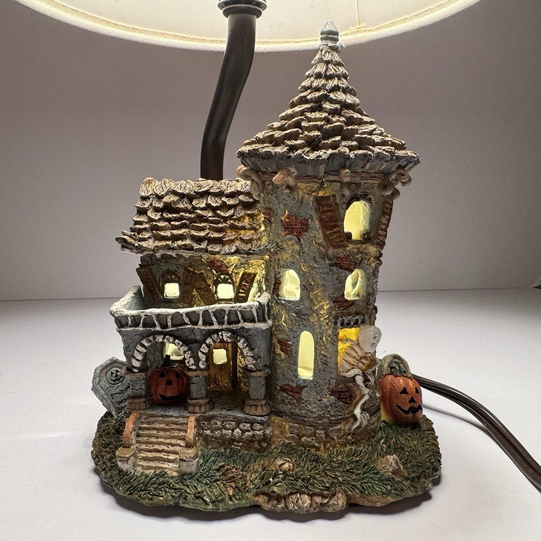Vtg Halloween Lamp Haunted House Lit Decorated 14" W/ Shade Double ...