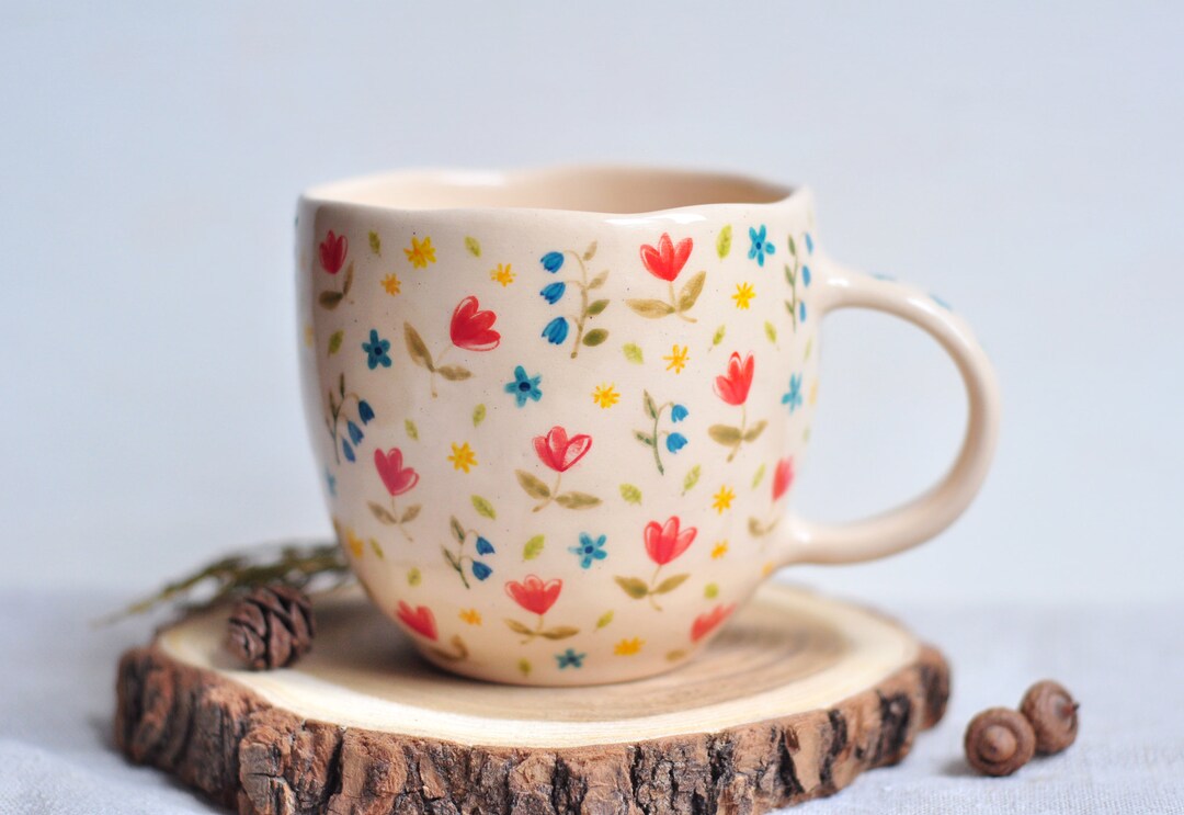 Handpainted Beige Mug With Cute Flowers, Handmade Ceramic Mug, Pottery ...