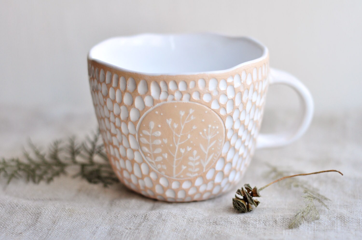 Handpainted Beige Mug With Herbs Handmade Ceramic Coffee Mug | Etsy