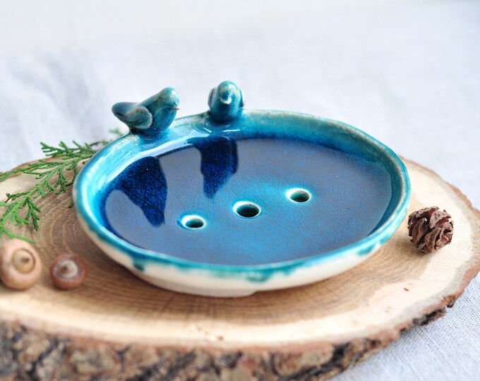 Turquoise Ceramic Soap Dish With Birds, Clay Soap Dish, Stoneware ...