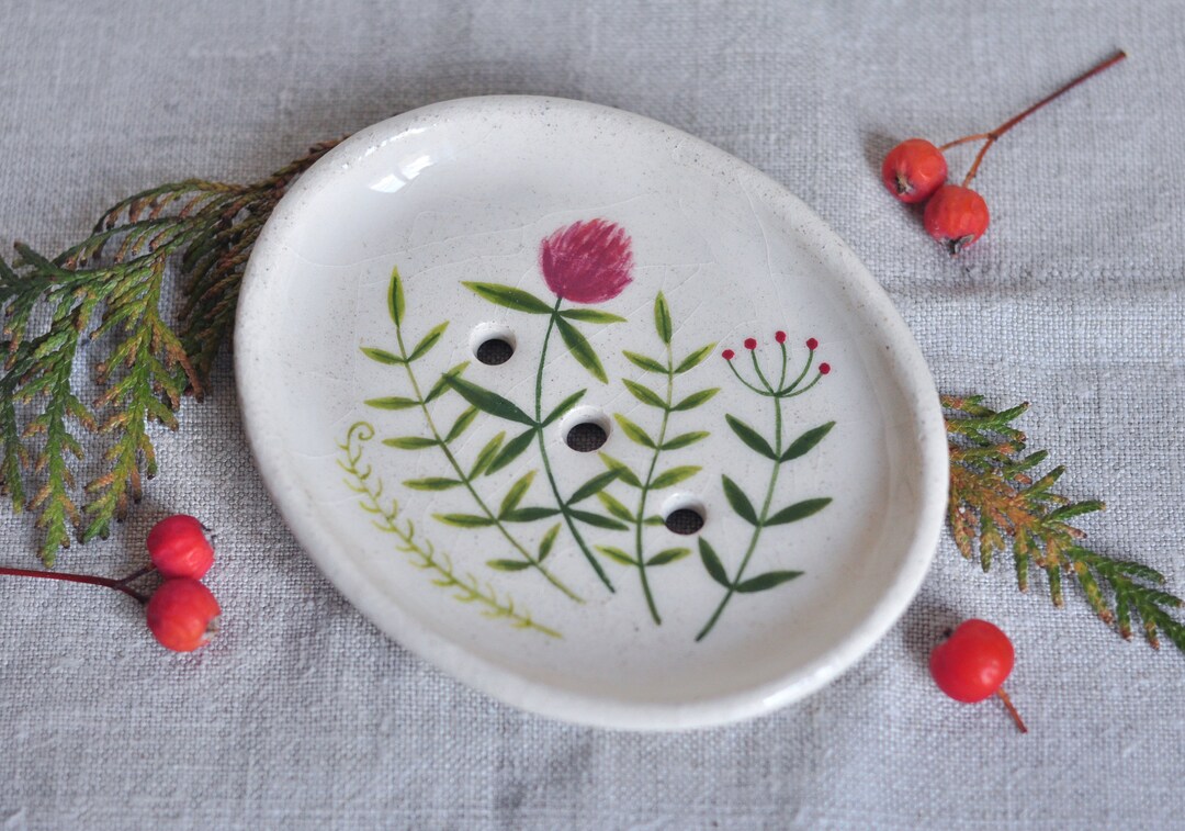 Ceramic Handpainted Soap Dish With Plants, Clay Soap Dish, White ...