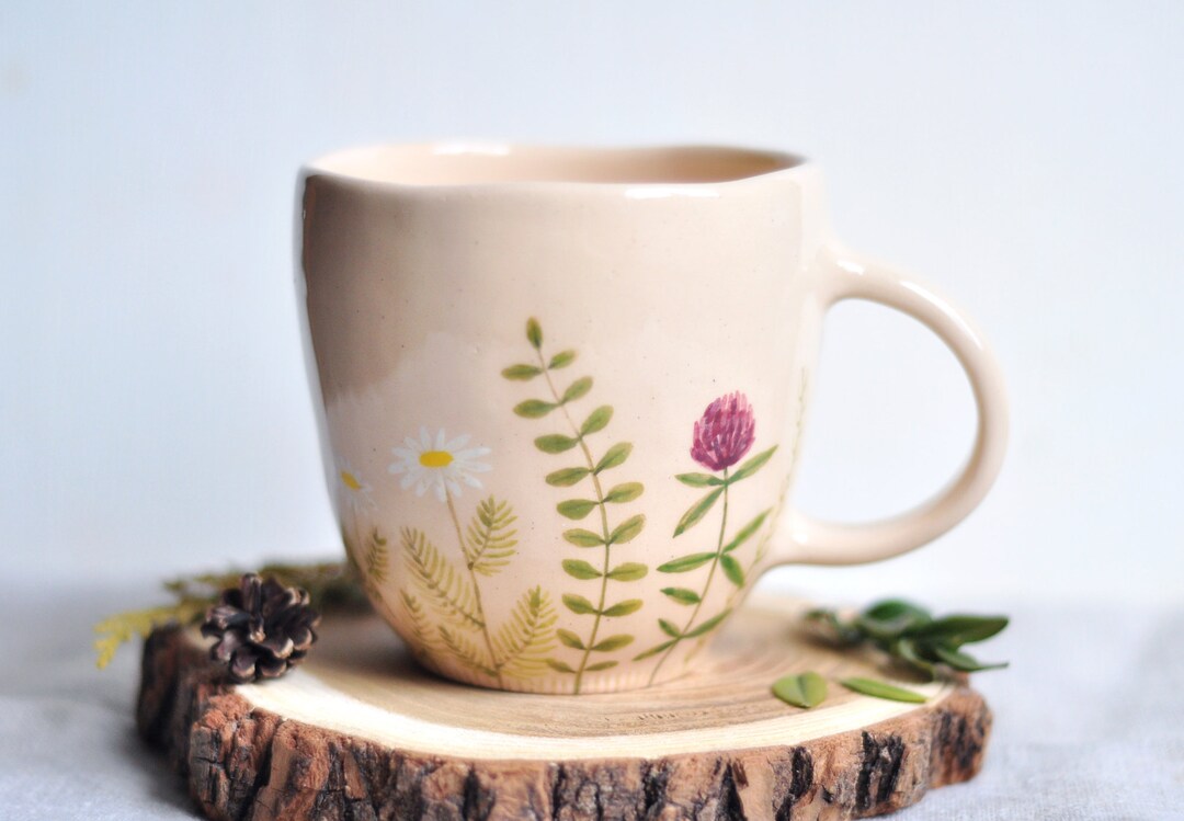 Handpainted Beige Mug With Herbs, Handmade Ceramic Coffee Mug, Pottery ...