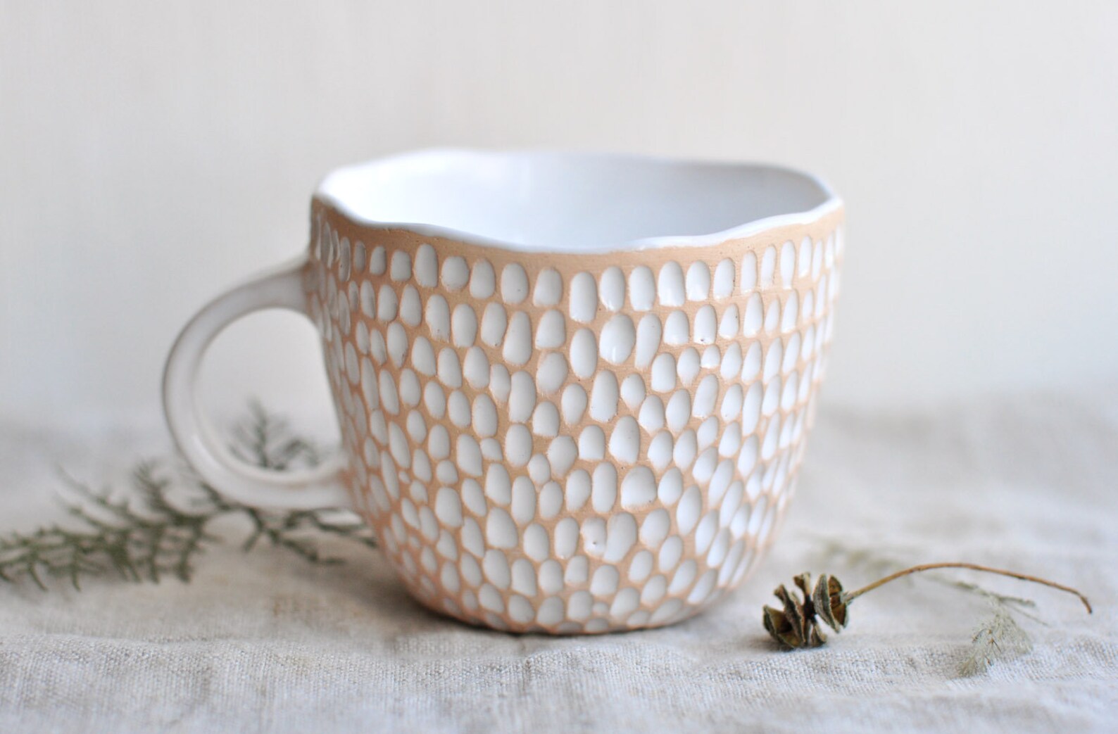 Handpainted Beige Mug With Herbs Handmade Ceramic Coffee Mug | Etsy